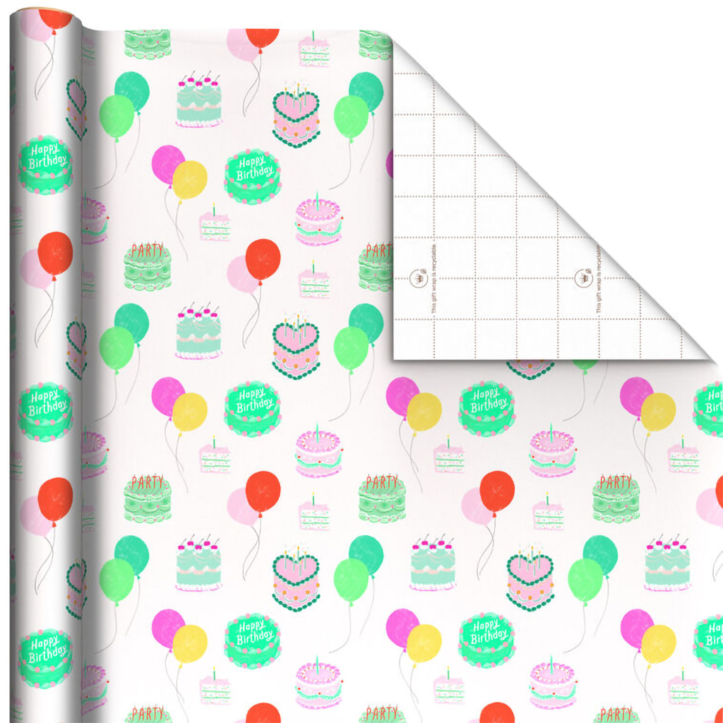 Hallmark : Colorful Birthday Cakes on White Wrapping Paper Roll, 20 sq ...